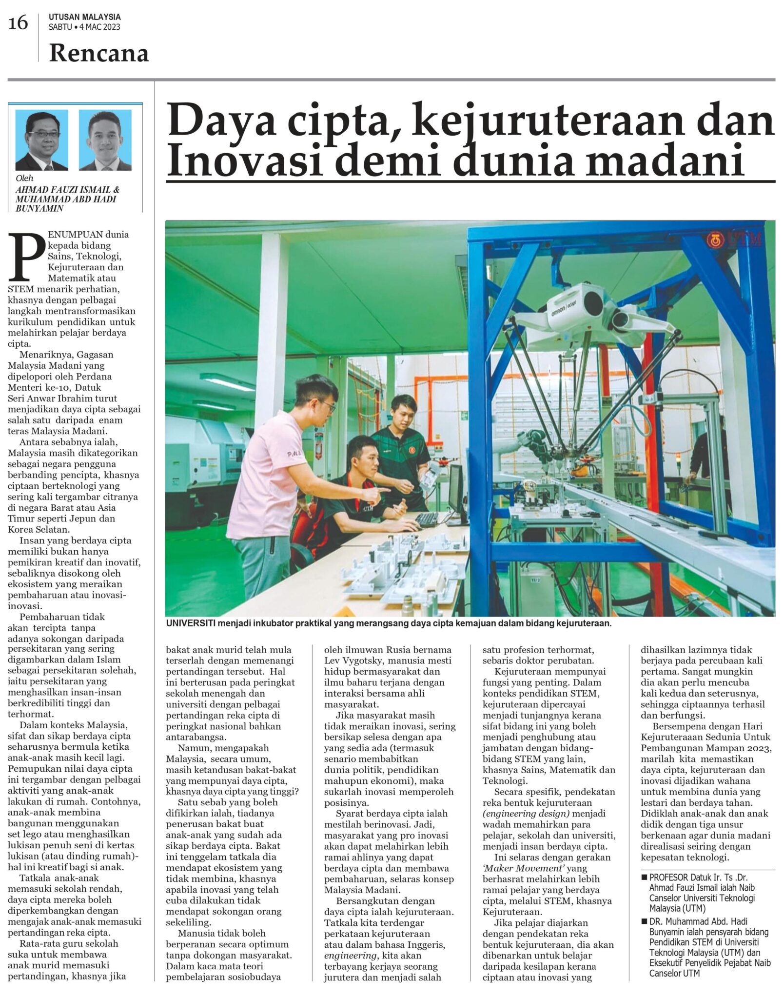 Daya cipta, kejuruteraan dan Inovasi demi dunia madani – UTM NewsHub