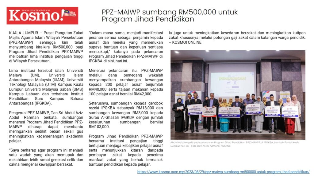 PPZ-MAIWP sumbang RM500,000 untuk Program Jihad Pendidikan – UTM NewsHub