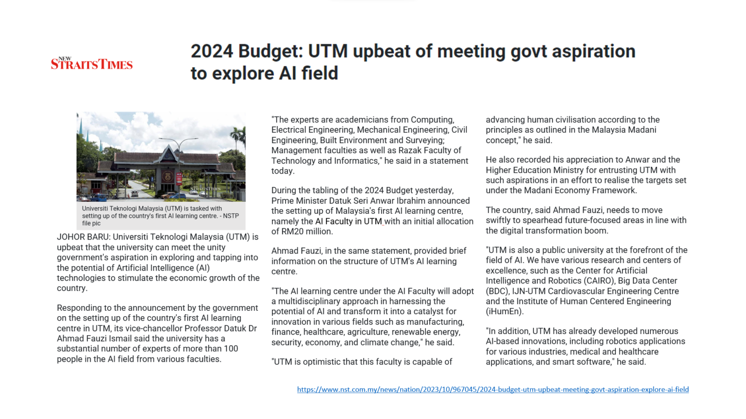 2024 Budget: UTM upbeat of meeting govt aspiration to explore AI field ...