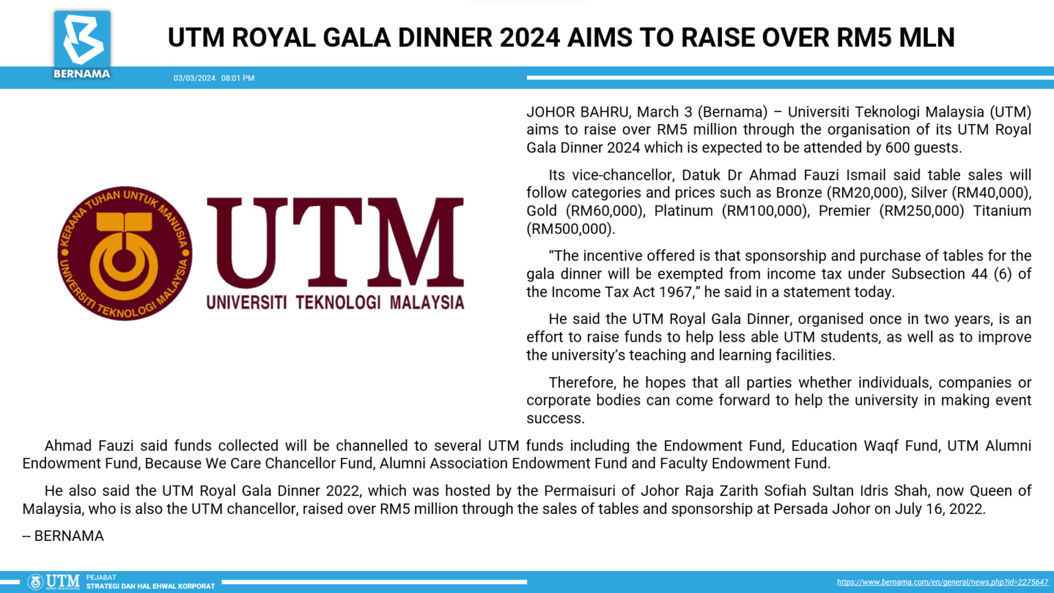 UTM Royal Gala Dinner 2024 Aims to Raise Over RM5 Mln – UTM NewsHub