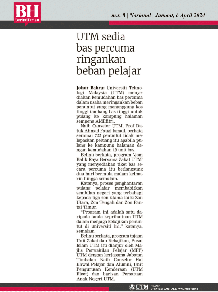 UTM Sedia 19 Bas Buat Pelajar Balik Kampung – UTM NewsHub